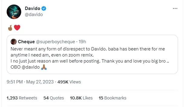 Davido reacts as Cheque gushes over his wife Chioma in new video